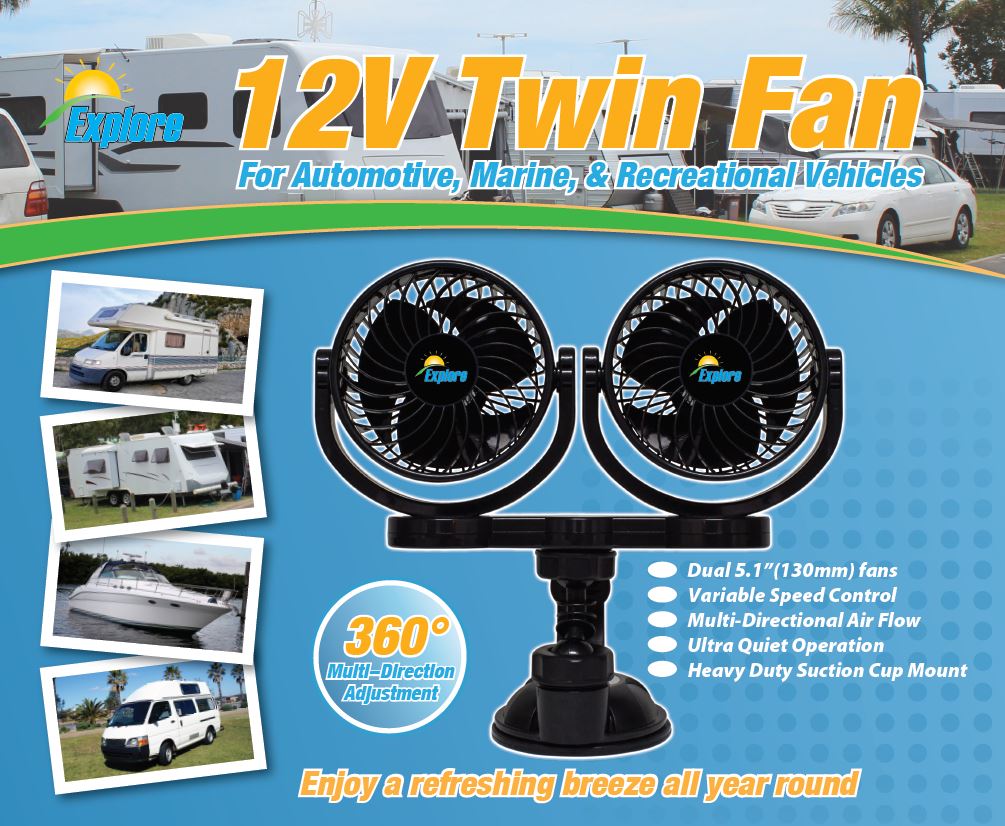 Explore 12V Twin Fan 5" With Suction Base